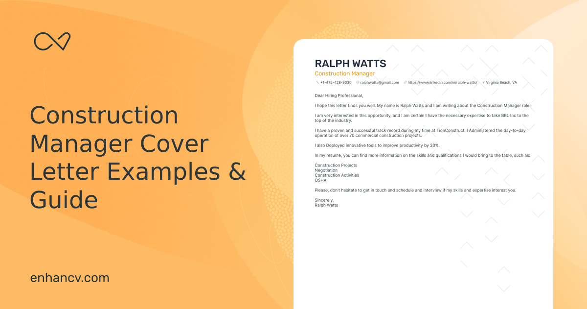 Real Construction Manager Cover Letter Example for 2024