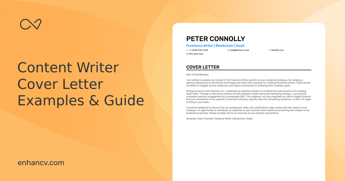 Professional Content Writer Cover Letter Examples and Template for 2026 ...