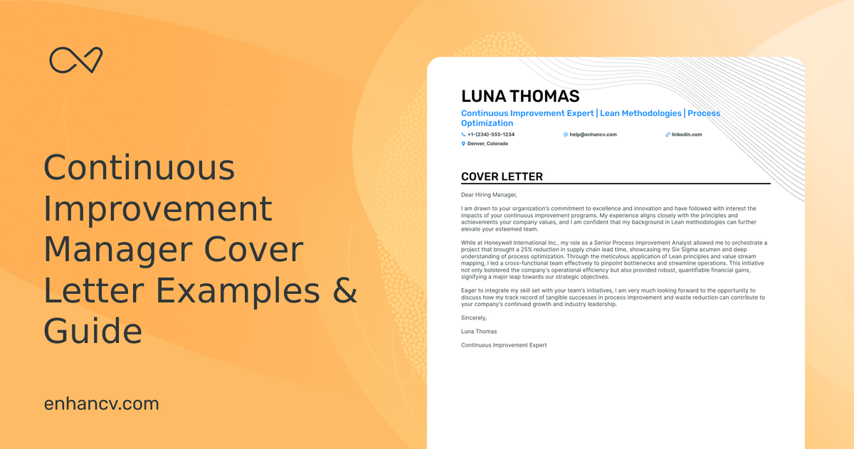 Professional Continuous Improvement Manager Cover Letter Examples and ...