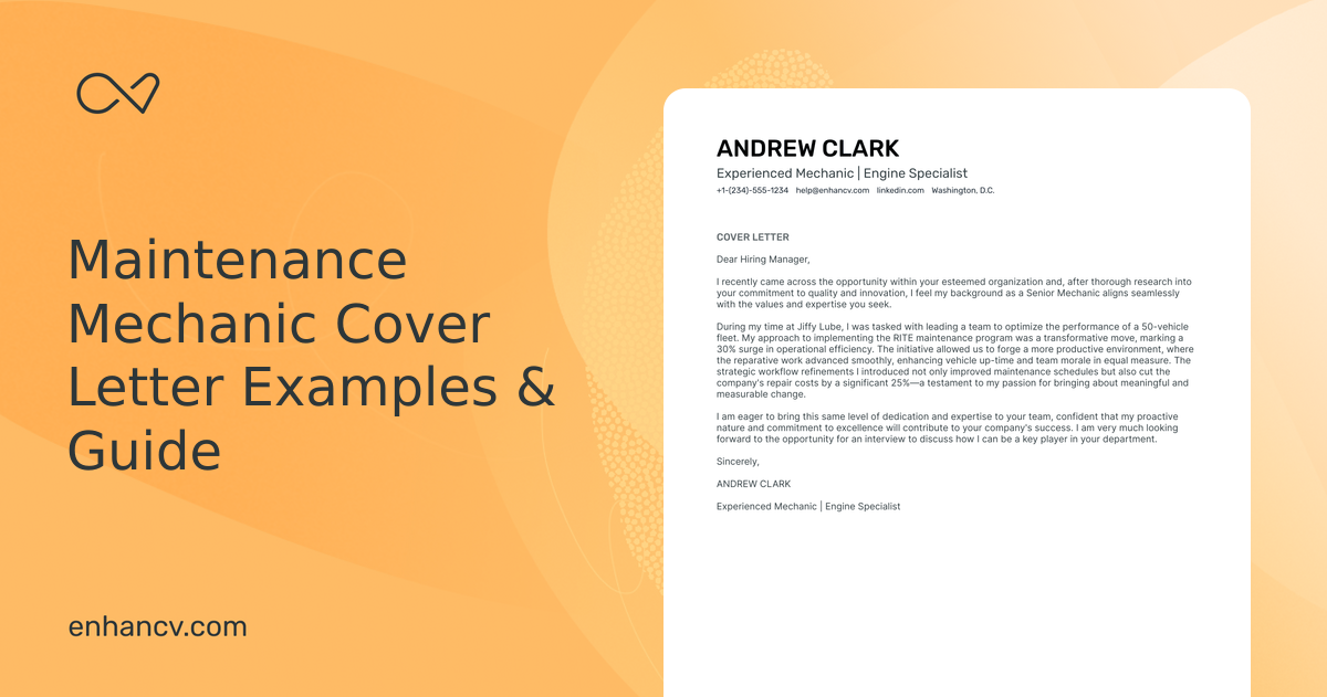 Professional Maintenance Mechanic Cover Letter Examples and Template ...
