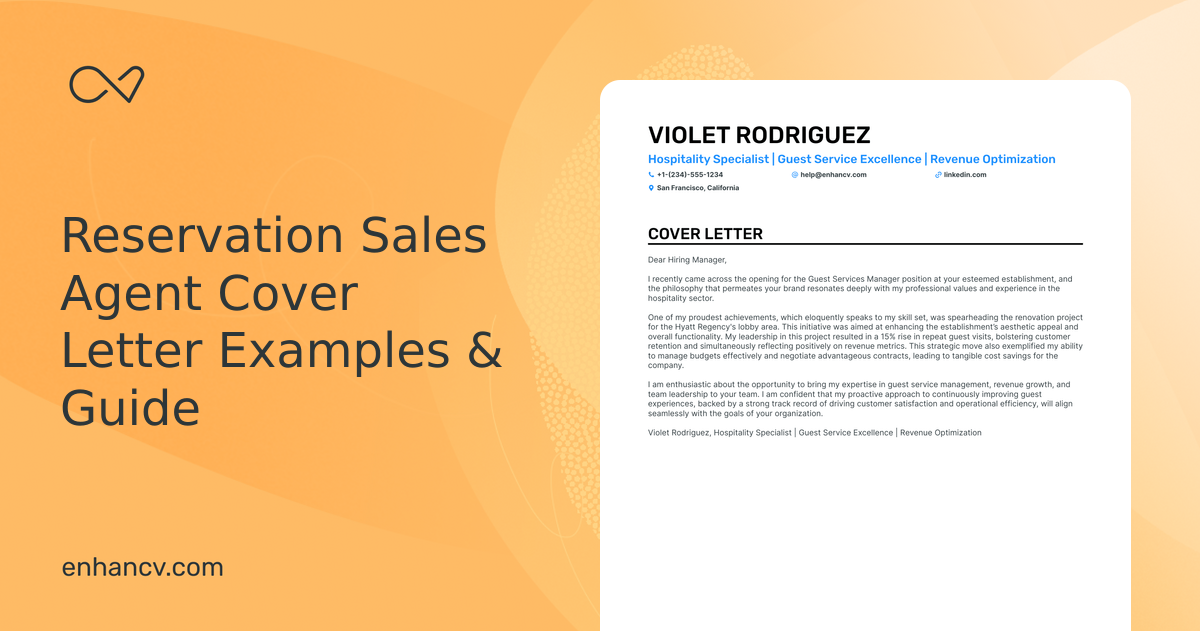 Professional Reservation Sales Agent Cover Letter Examples and Template ...