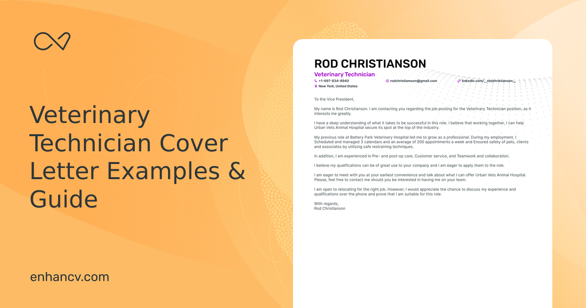 Real Veterinary Technician Cover Letter Example for 2024