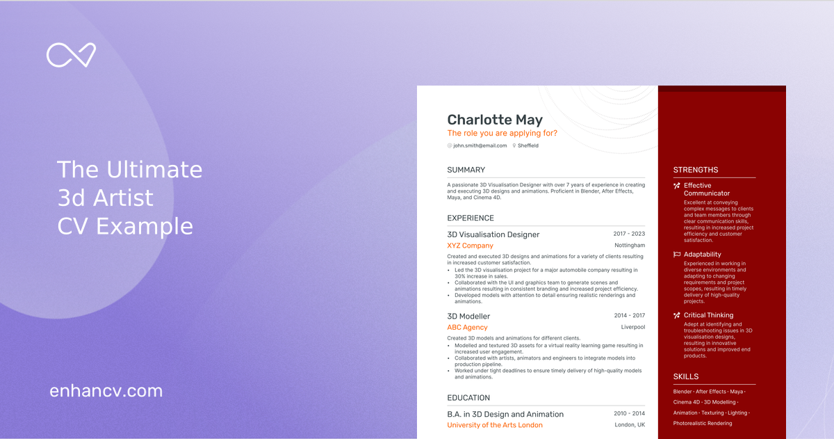 3 3d Artist CV Examples for 2024