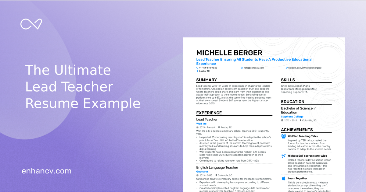 5 Lead Teacher Resume Examples & Guide for 2023