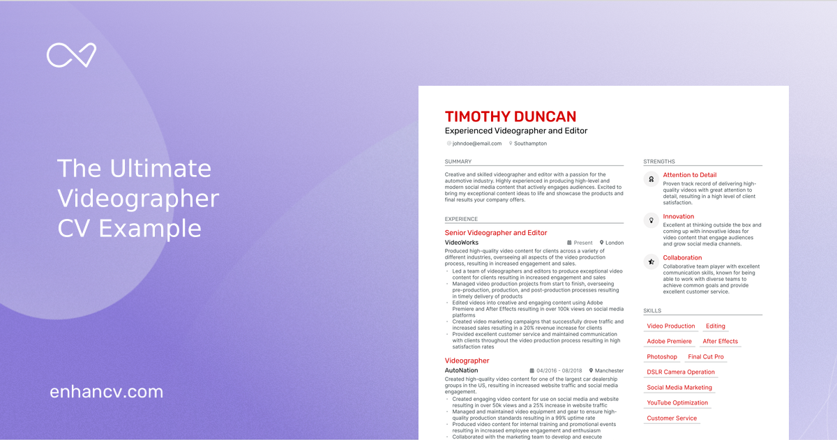 3 Videographer CV Examples for 2023