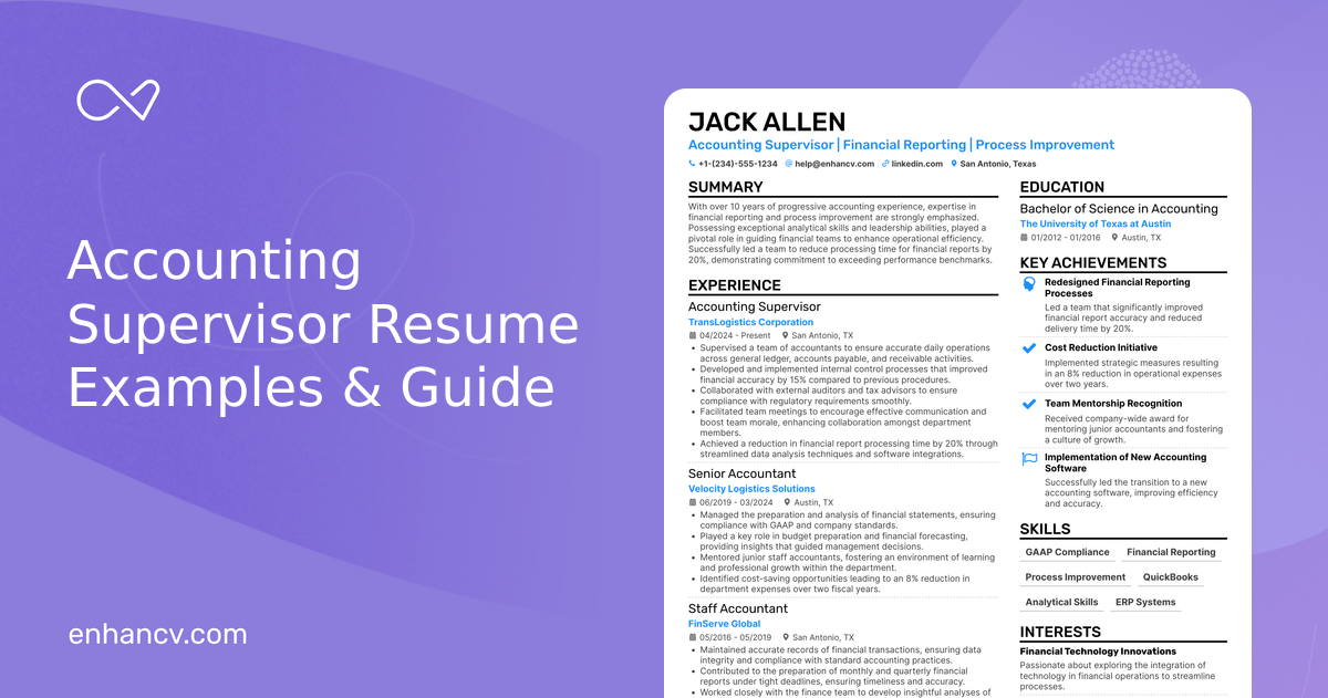 10 Accounting Supervisor Resume Examples & Guide for 2026