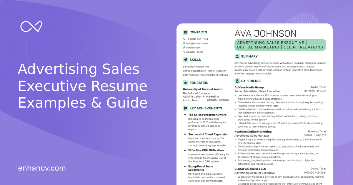 10 Advertising Sales Executive Resume Examples & Guide for 2026
