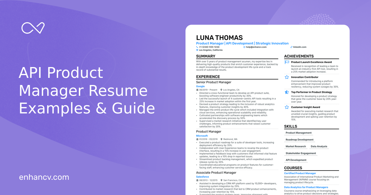 10 API Product Manager Resume Examples & Guide for 2024