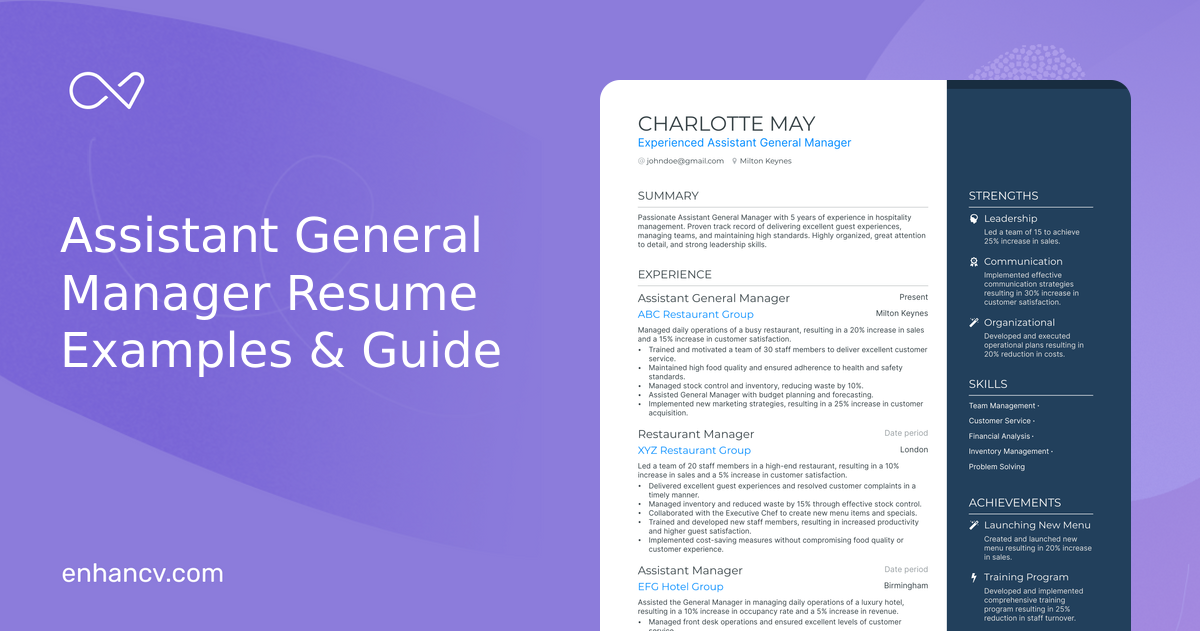 5 Assistant General Manager Resume Examples & Guide for 2024
