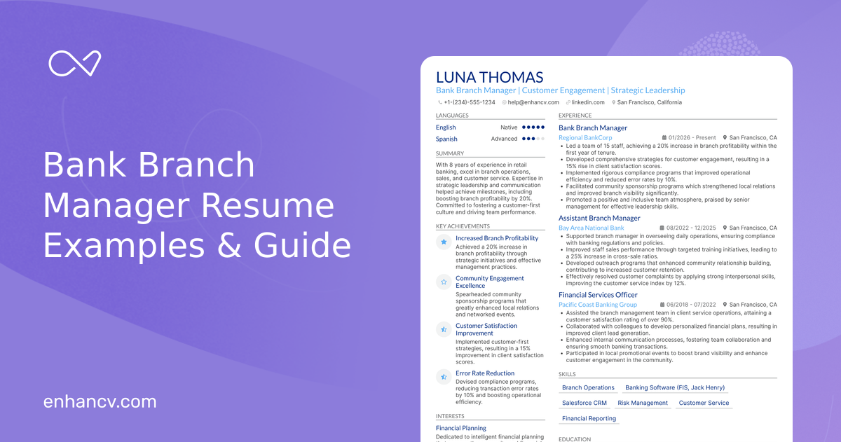 10 Bank Branch Manager Resume Examples & Guide for 2026