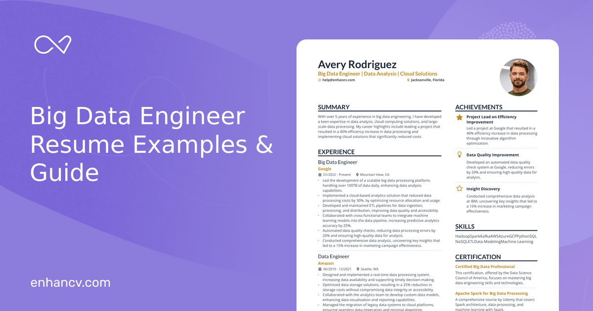 5 Big Data Engineer Resume Examples & Guide for 2024