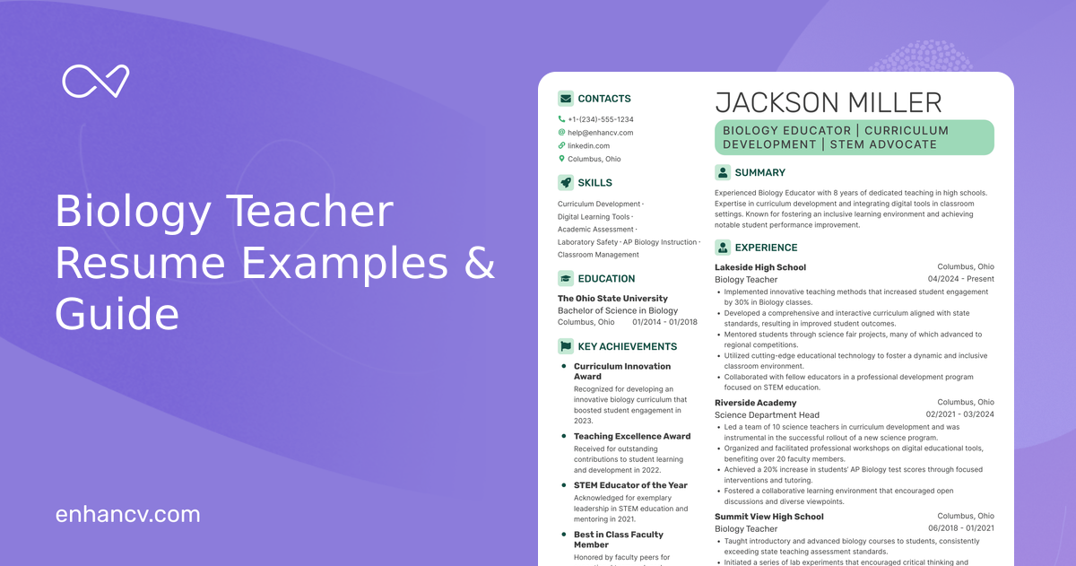 10 Biology Teacher Resume Examples, Templates & Guide for 2026