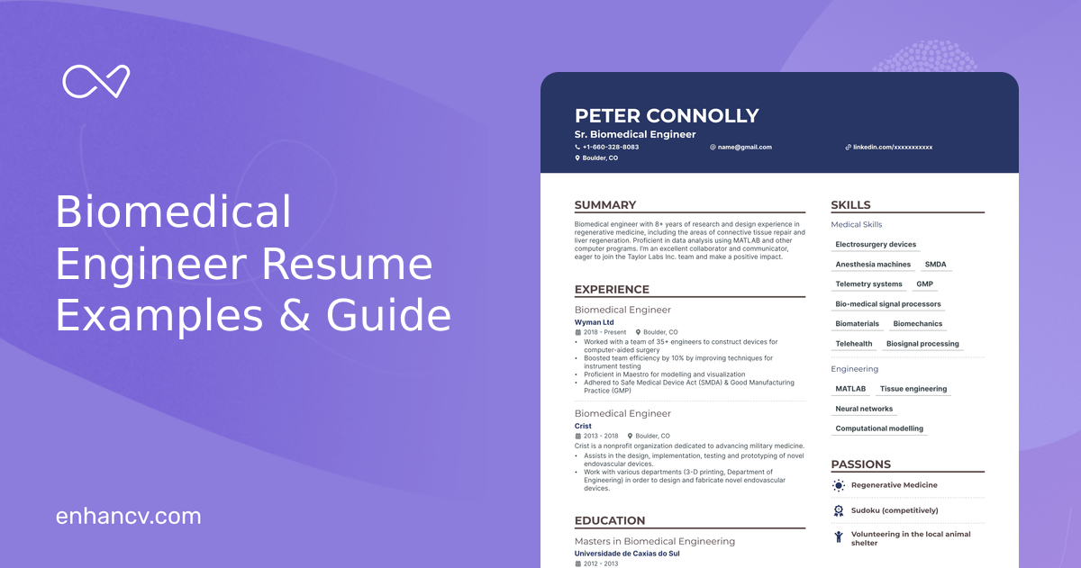 5 Biomedical Engineer Resume Examples - November 2024