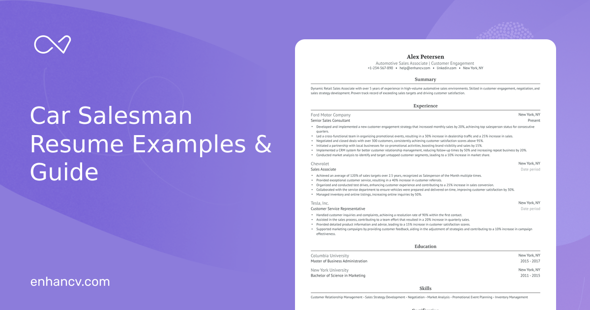 20 Car Salesman Resume Examples & Guide for 2026