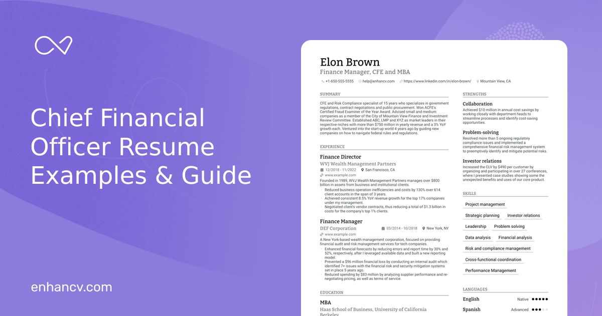 5 Chief Financial Officer Resume Examples & Guide for 2024