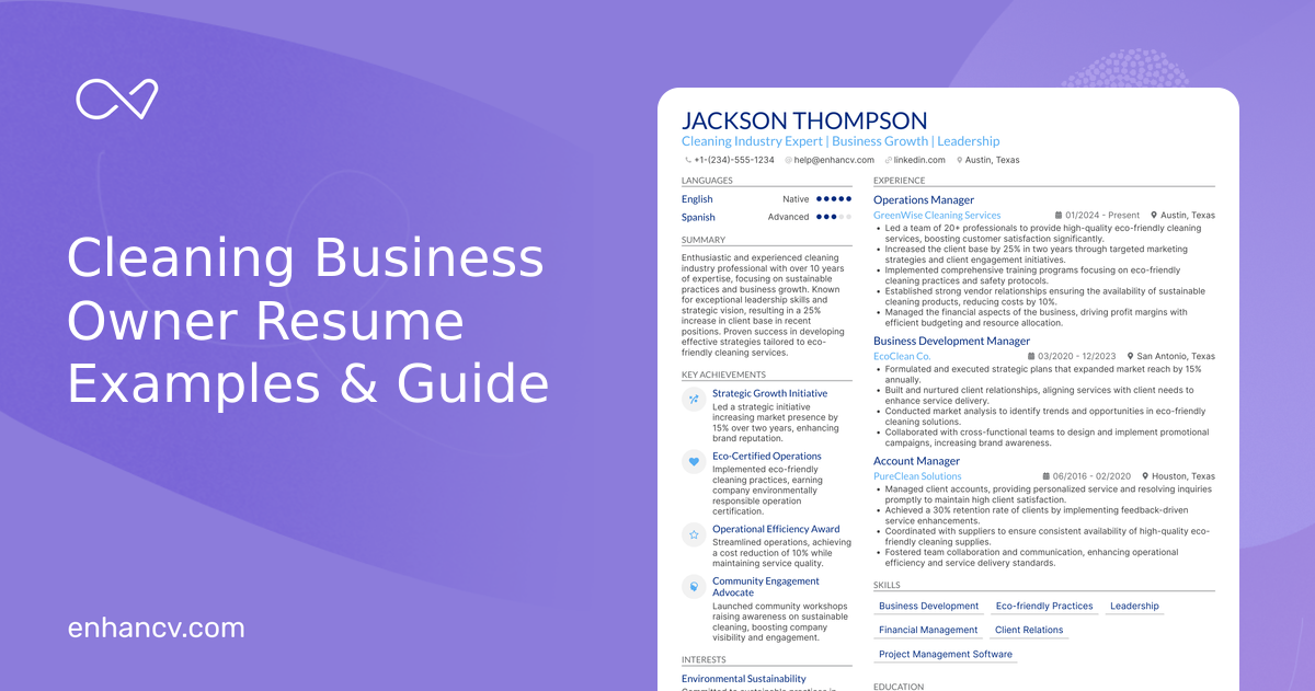 10 Cleaning Business Owner Resume Examples & Guide for 2026