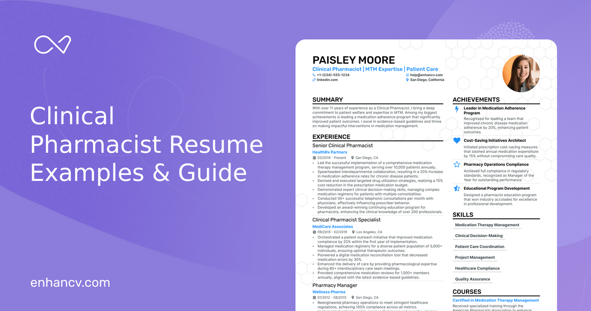 5 Clinical Pharmacist Resume Examples & Guide for 2024