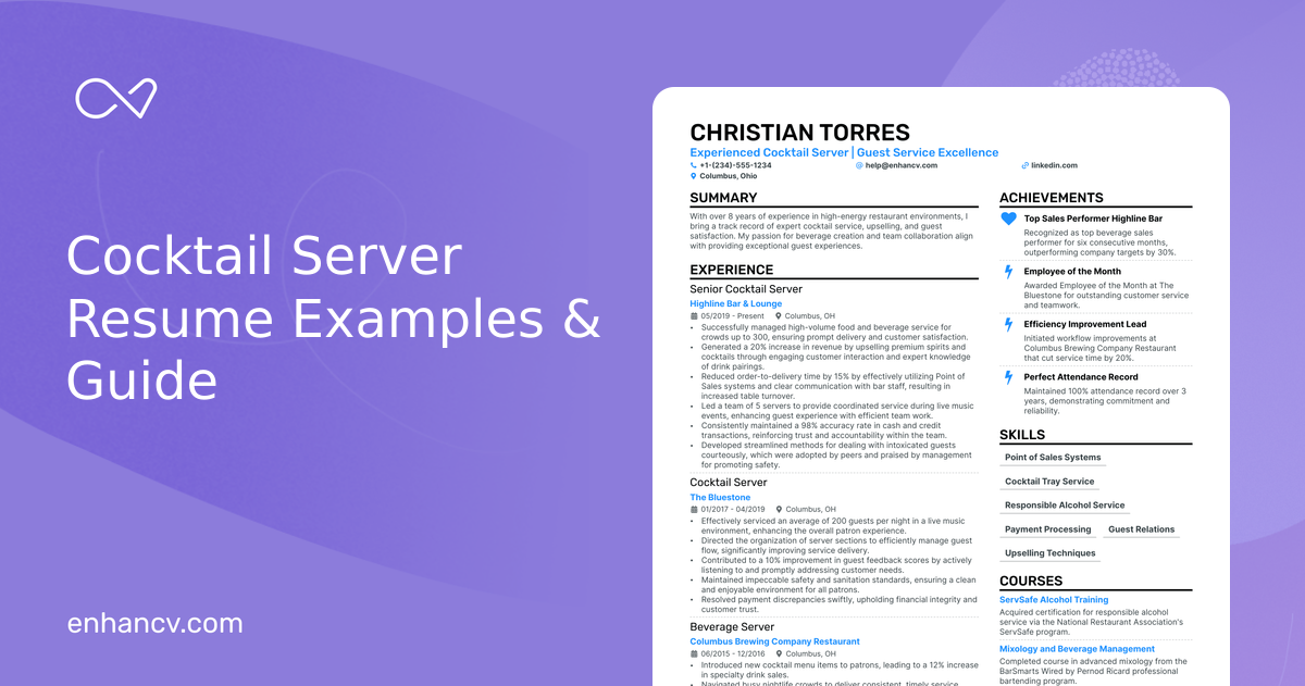 10 Cocktail Server Resume Examples & Guide for 2024