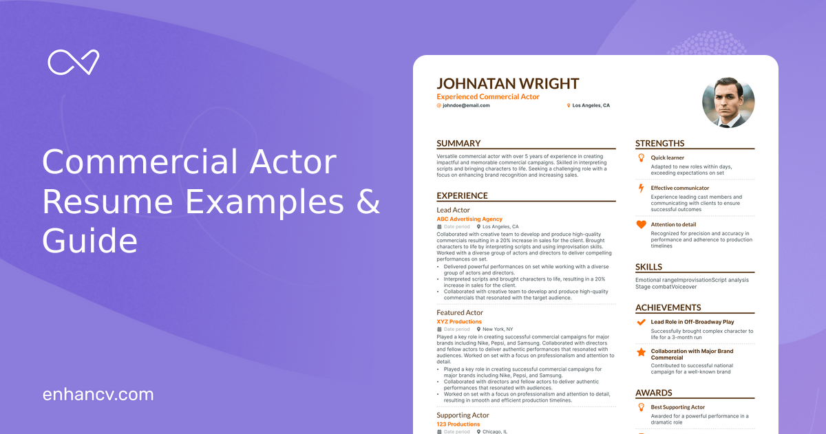 5 Commercial Actor Resume Examples & Guide for 2024