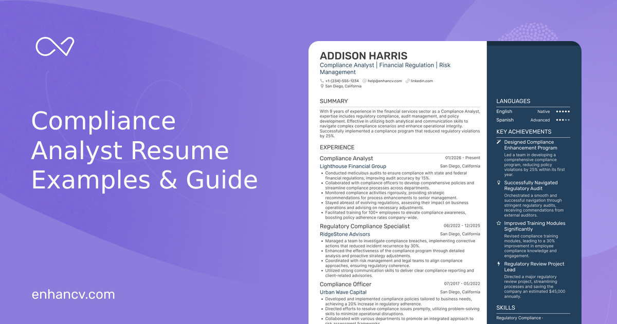 10 Compliance Analyst Resume Examples & Guide for 2026