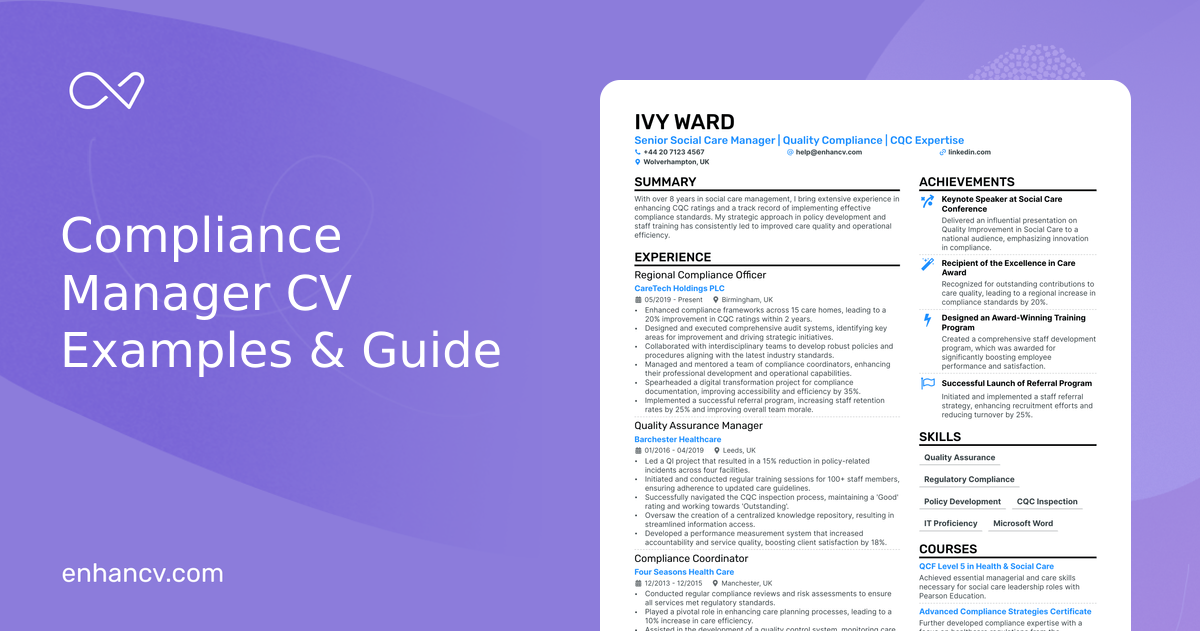 Compliance Manager CV Examples & Guide for 2025 Compliance Manager CV Examples & Guide for 2025