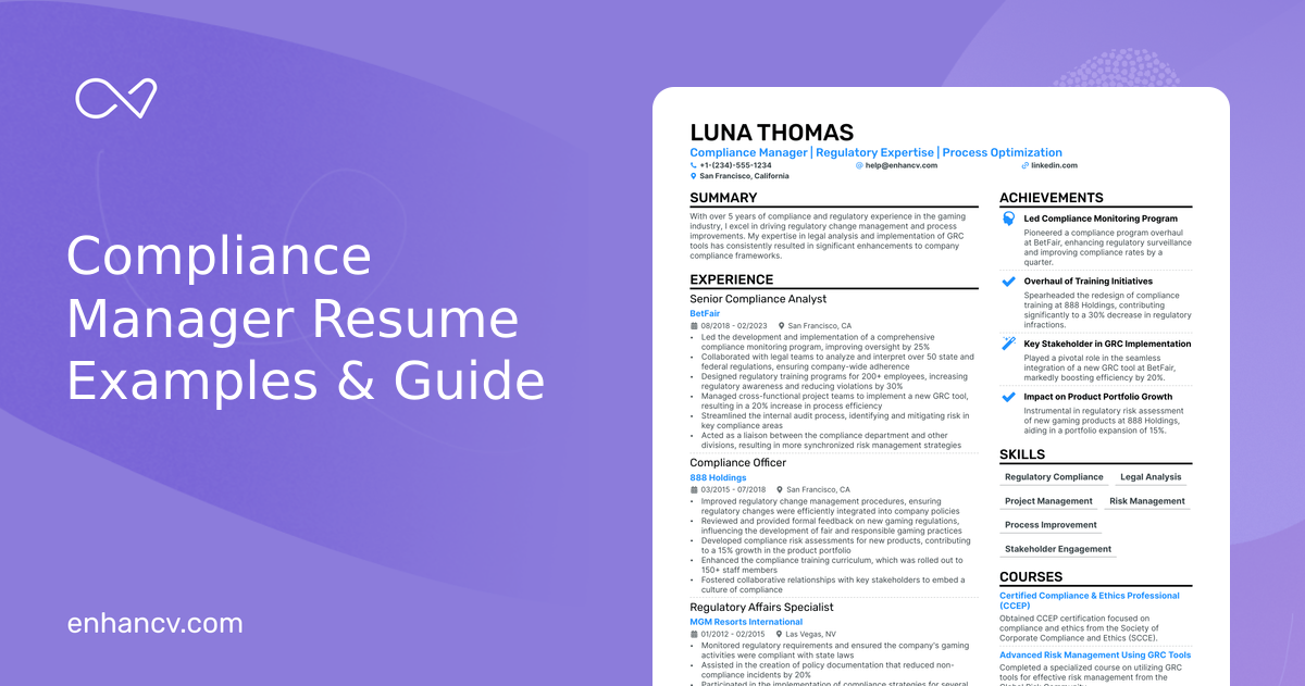 20 Compliance Manager Resume Examples & Guide for 2026