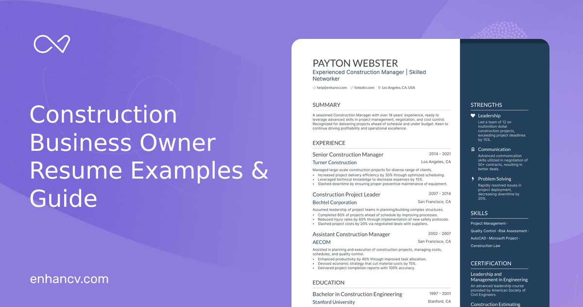 10 Construction Business Owner Resume Examples & Guide for 2024