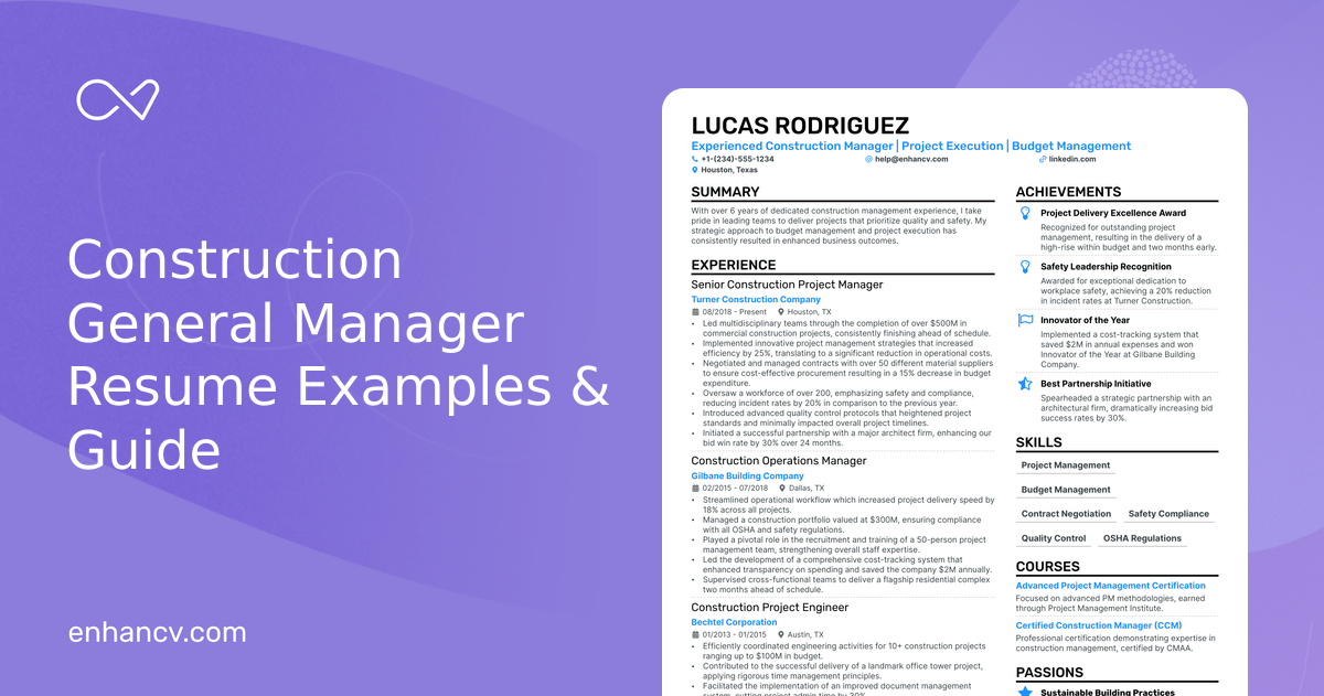 10 Construction General Manager Resume Examples & Guide for 2024