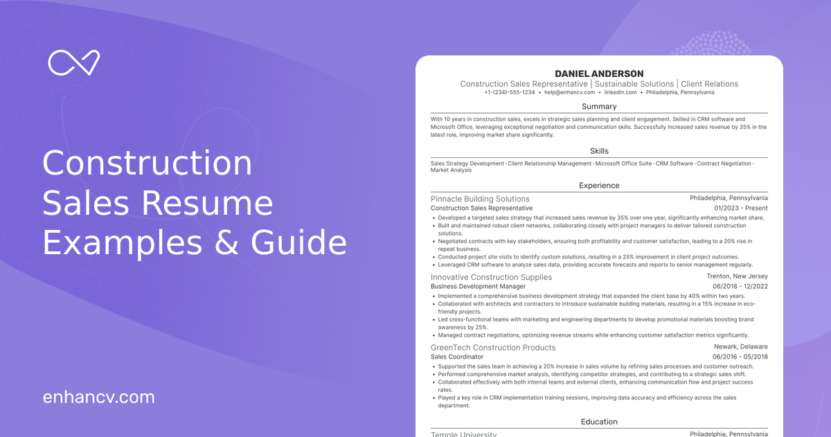 10 Construction Sales Resume Examples & Guide for 2026
