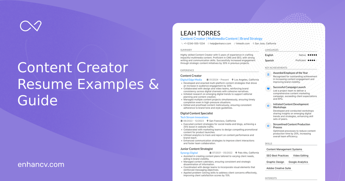 10 Content Creator Resume Examples - March 2026