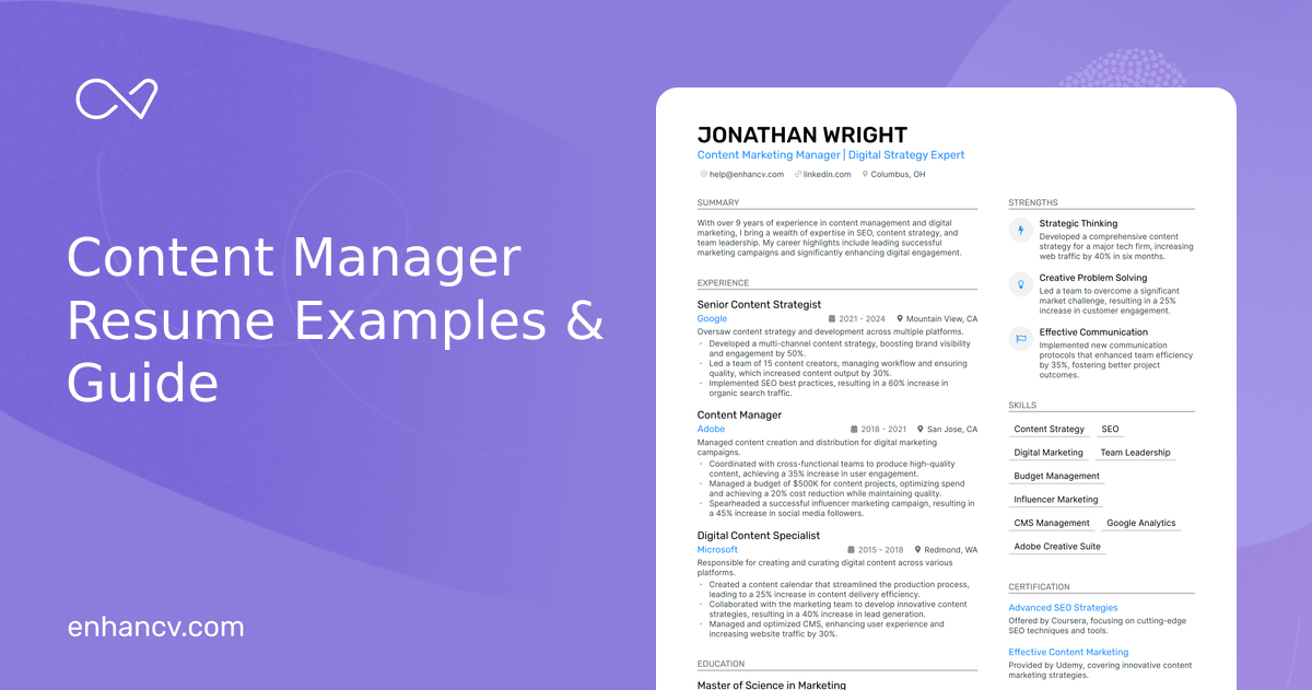 7 Content Manager Resume Examples & Guide for 2024