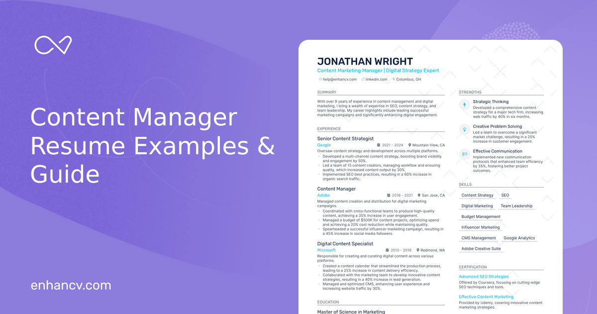 7 Content Manager Resume Examples & Guide for 2024