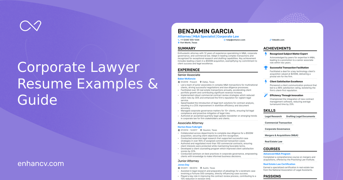 10 Corporate Lawyer Resume Examples & Guide for 2026