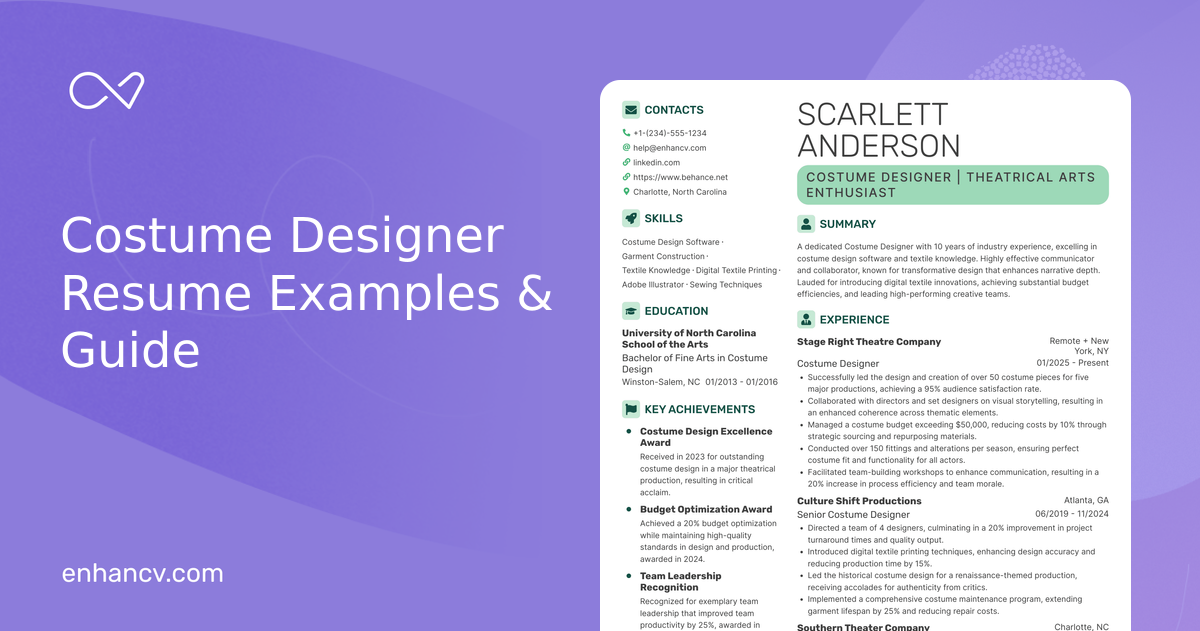10 Costume Designer Resume Examples & Guide for 2026
