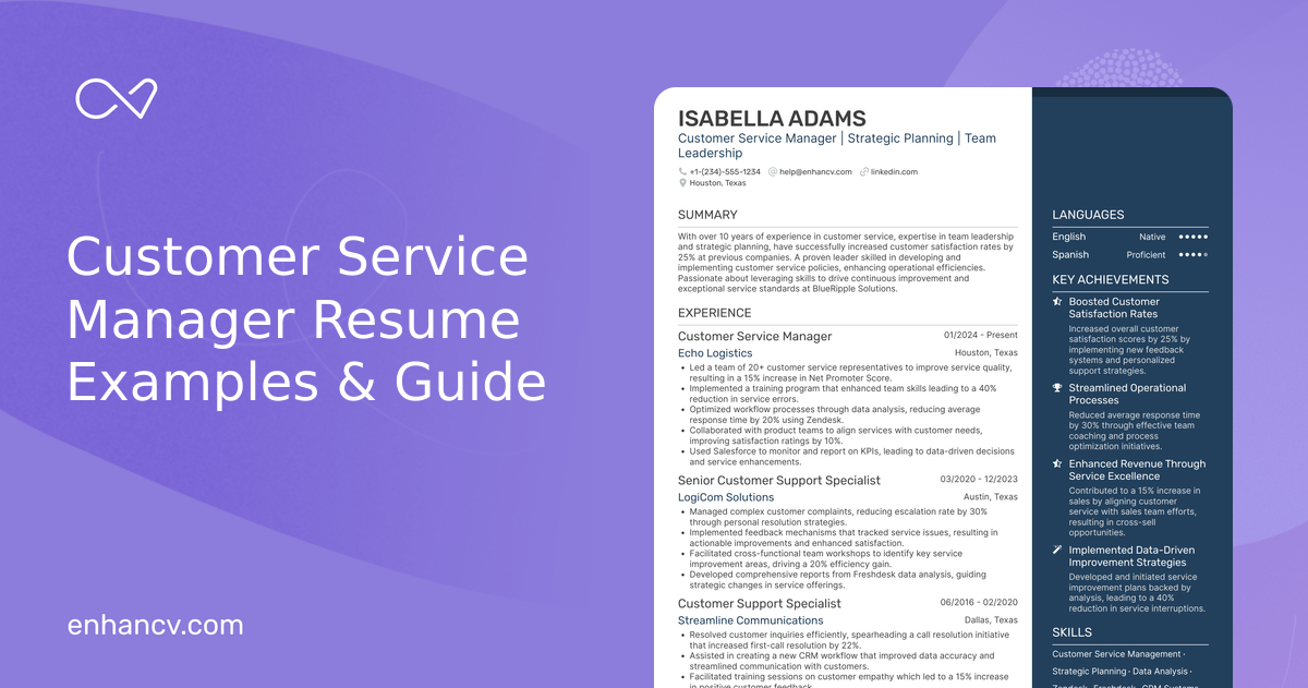 10 Customer Service Manager Resume Examples & Guide for 2026