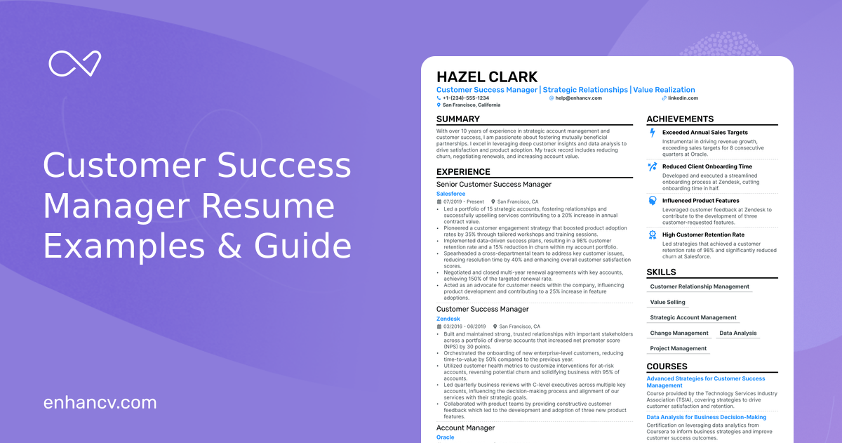 3 Customer Success Manager Resume Examples & Guide for 2024