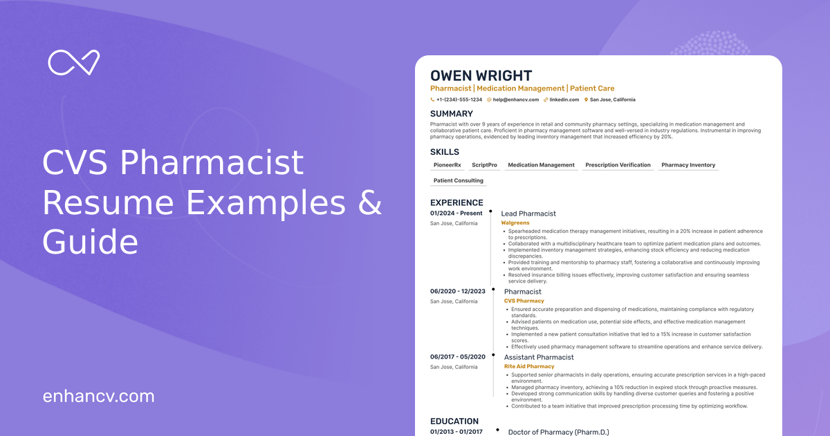 10 CVS Pharmacist Resume Examples & Guide for 2026
