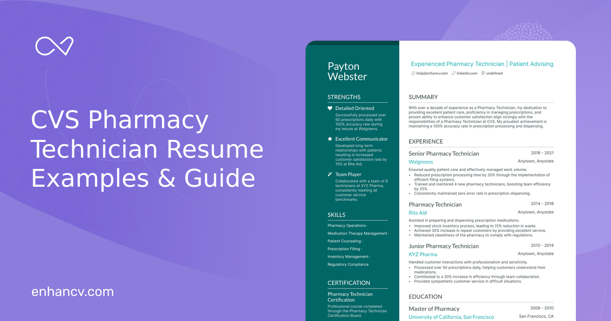 10 CVS Pharmacy Technician Resume Examples & Guide for 2024