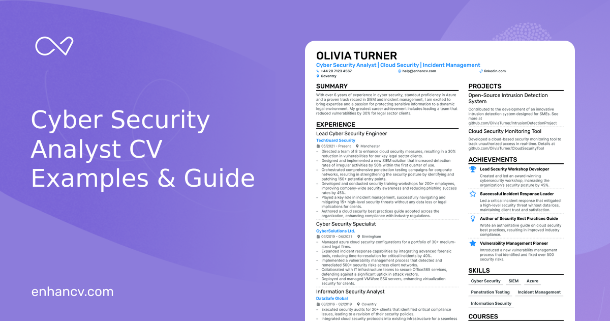 Cyber Security Analyst CV Examples & Guide for 2026