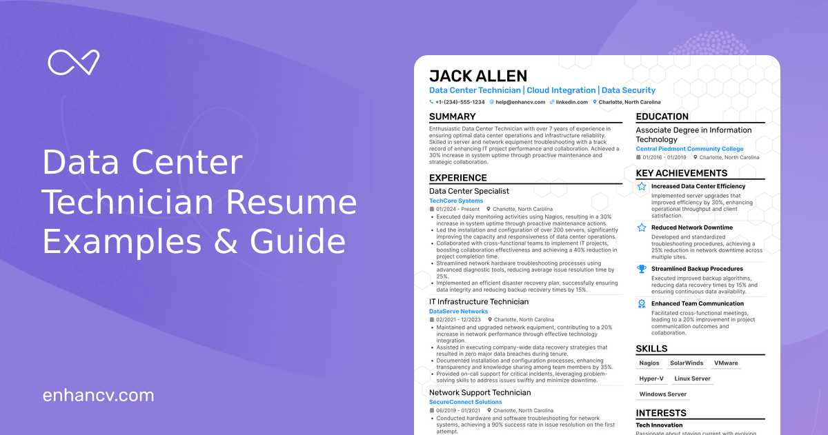 19 Data Center Technician Resume Examples & Guide for 2026