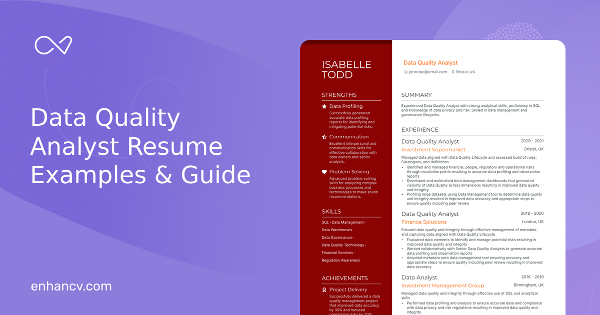 5 Data Quality Analyst Resume Examples & Guide for 2024