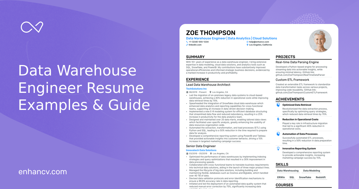10 Data Warehouse Engineer Resume Examples & Guide for 2024