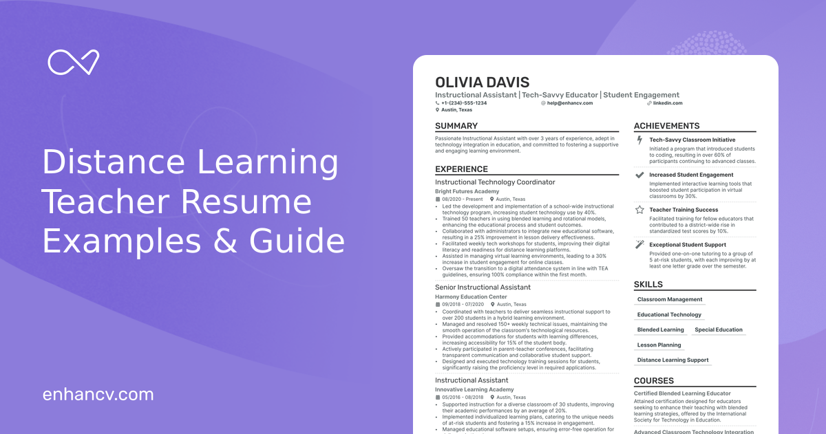 10 Distance Learning Teacher Resume Examples & Guide for 2024