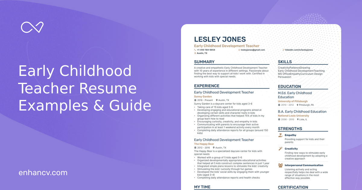 4 Early Childhood Teacher Resume Examples & Guide for 2024