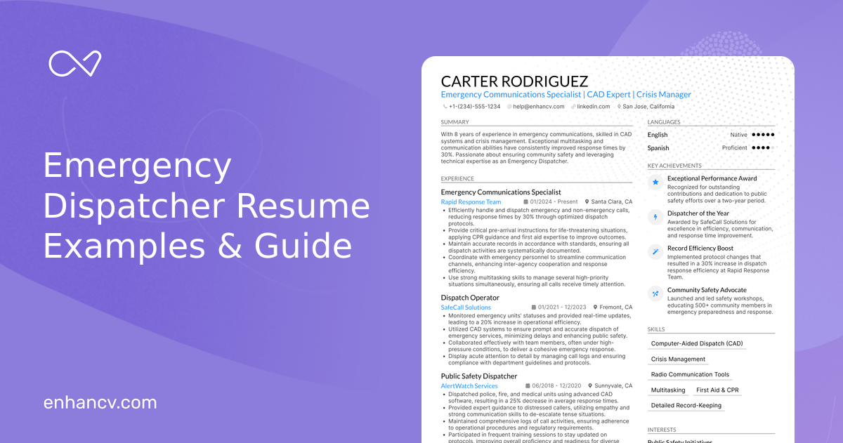 10 Emergency Dispatcher Resume Examples & Guide for 2026
