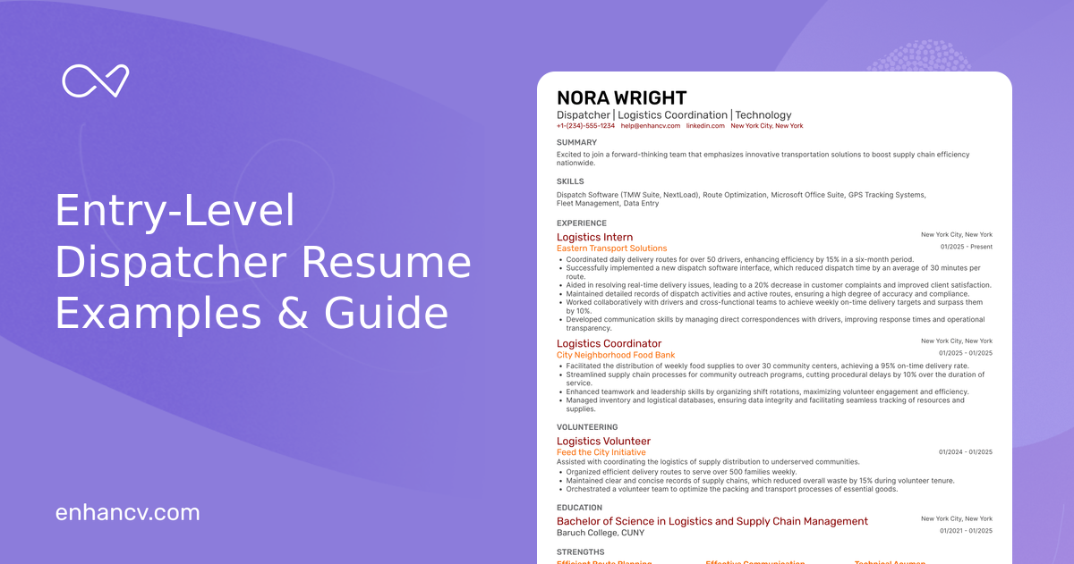 10 Entry-Level Dispatcher Resume Examples & Guide for 2026