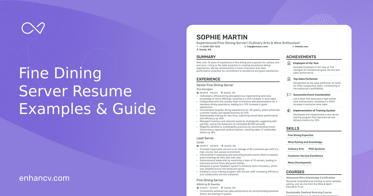 5 Fine Dining Server Resume Examples & Guide for 2024