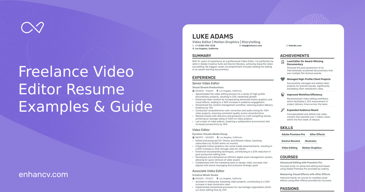 10 Freelance Video Editor Resume Examples & Guide for 2024