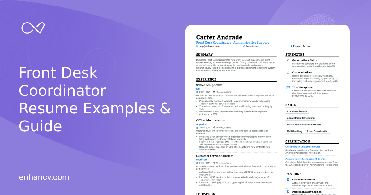 10 Front Desk Coordinator Resume Examples & Guide for 2024