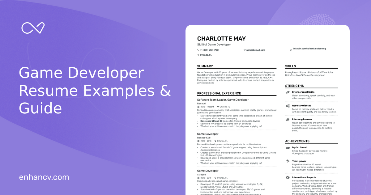 5 Game Developer Resume Examples & Guide for 2024